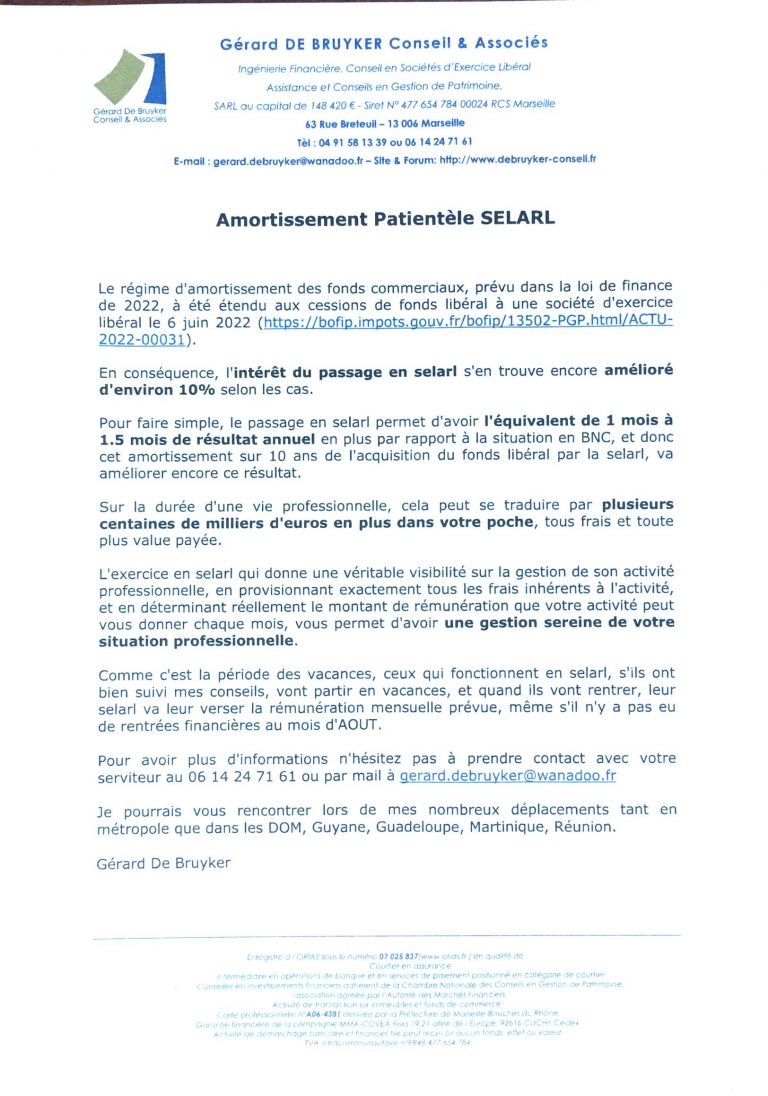 Amortissement Patientèle SELARL - De Bruyker Conseil